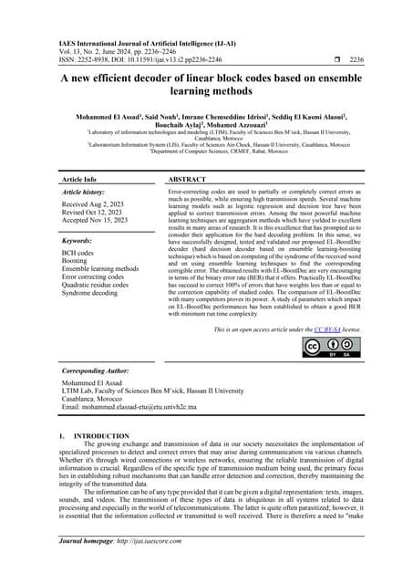 A New Efficient Decoder Of Linear Block Codes Based On Ensemble Learning Methods Pdf