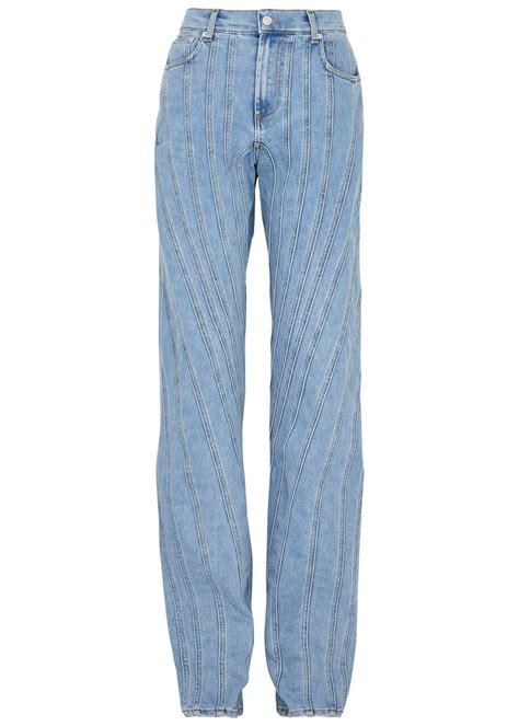 Mugler Spiral Panelled Wide Leg Jeans Light Blue Editorialist