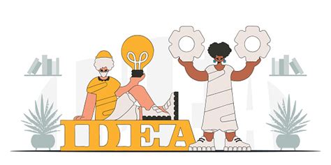 패션 팀은 문제를 해결하고 아이디어를 생성합니다 전구와 기어를 손에 들고 있습니다 아이디어 개념입니다 트렌디 한 캐릭터 0명에 대한 스톡 벡터 아트 및 기타 이미지 Istock