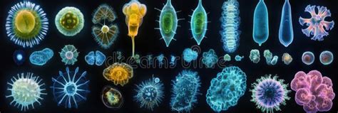 Evolving Bacteria Show Various Forms And Structures Captured In A Colorful Sequence On A Dark