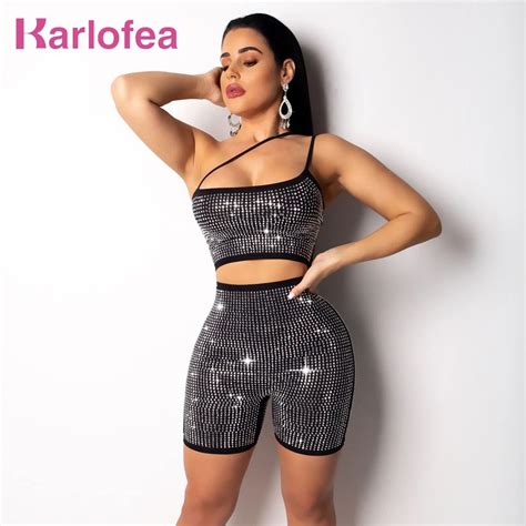 Karlofea Women Sexy Diamond Romper New Shiny Rhinestone Hollow Out