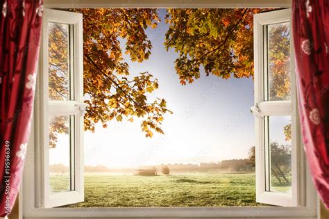 Poster Open Window With Fresh Air And Countryside Scenery Views Wall