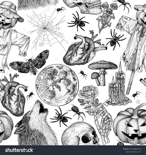 Seamless Vector Halloween Pattern Engraving Style Stock Vector Royalty