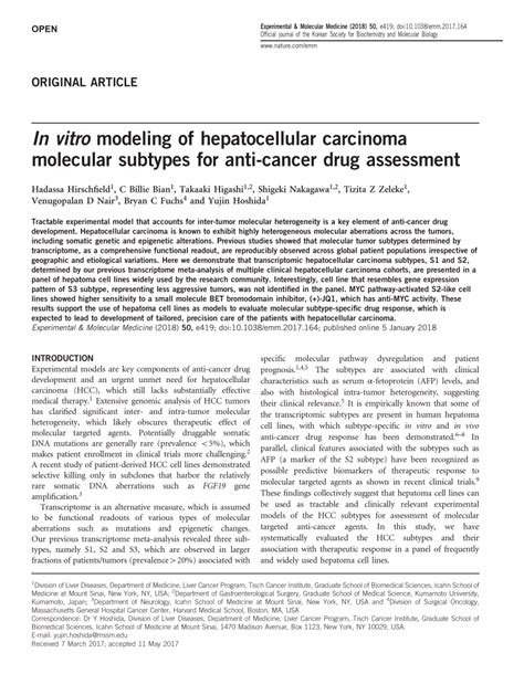 Pdf In Vitro Modeling Of Hepatocellular Carcinoma Molecular Subtypes