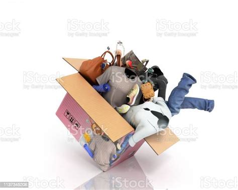제품 카테고리의 개념 의류 및 액세서리는 흰색에 상자 3d 렌더링 밖으로 비행 가방에 대한 스톡 사진 및 기타 이미지 가방