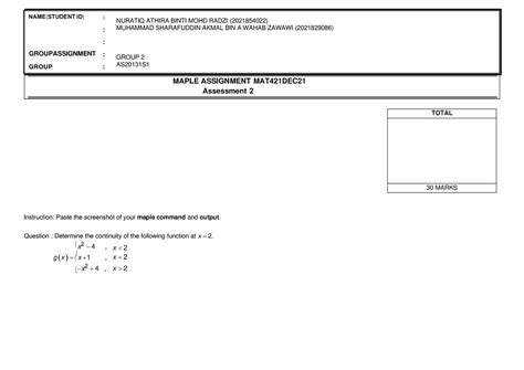 Maple Assignment Mat421 Group 2 ý þ Maple Assignment Mat421dec Assessment 2 Nuratiq