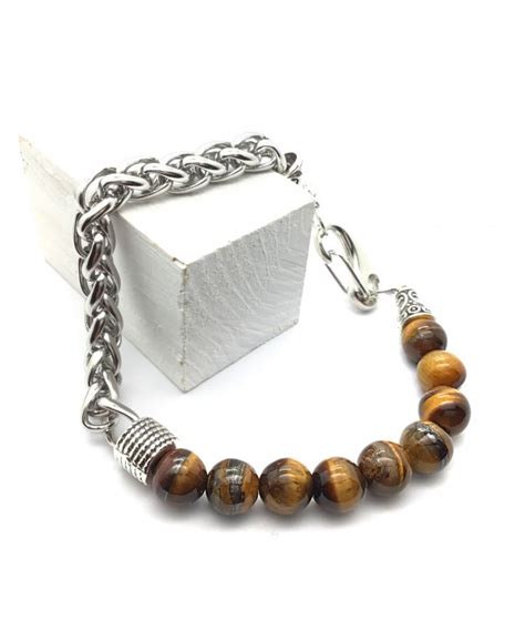 Pulsera Ojo De Tigre Bolas Mm Con Cadena De Acero