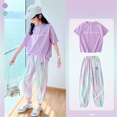 Комплект одежды Девочки Повседневный фиалковый размер 150 Хлопок Однотонный Буквы и цифры