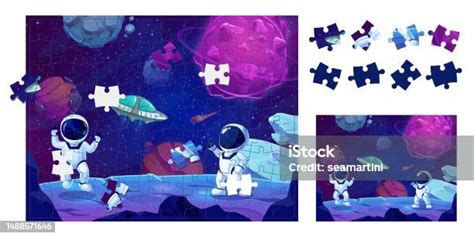 Cartoon Astronauts On Space Planet Jigsaw Puzzle向量圖形及更多不明飛行物體圖片 不明飛行