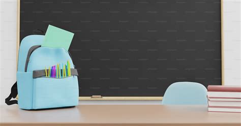 배낭과 책이 있는 테이블과 교실 뒤에 빈 칠판이 있습니다 3d 렌더링 사진 Unsplash의 책 이미지