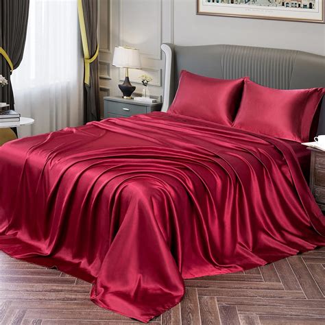 Vonty Satin Sheets Queen Size Silky Soft Satin Bed Sheets Burgundy