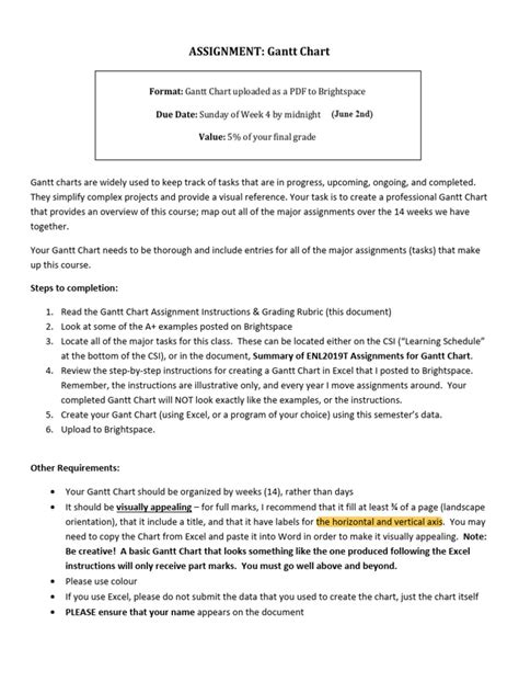 Gantt Chart Assignment Instructions Pdf Microsoft Excel Software