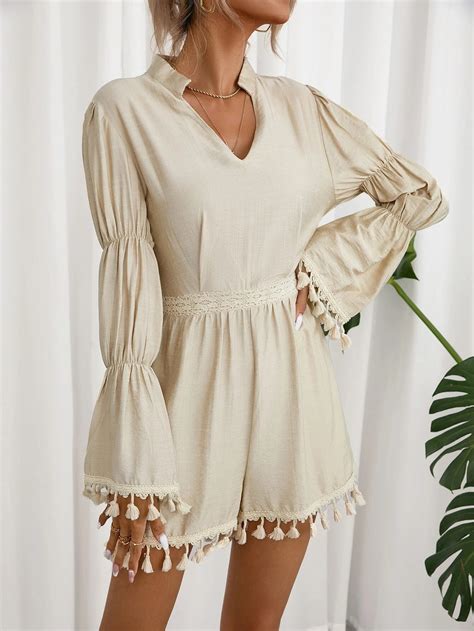 Tassel Trim Notched Neck Romper Comfy Jumpsuits