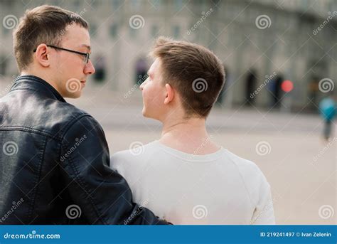 Cute Gay Couple In The City Tender Gentle Kissing Smiling Stock Image