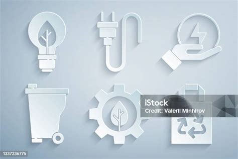 기어 기계 번개 볼트 쓰레기통 재활용 전기 플러그 및 전구 잎 아이콘종이 봉투에 잎 공장을 설정합니다 벡터 3차원 형태에 대한 스톡 벡터 아트 및 기타 이미지 Istock