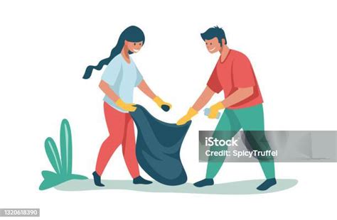 폐기물을 분류하고 재활용하는 사람들 야외에서 쓰레기를 수거하는 자원봉사자들 남자와 여자 가방에 쓰레기를 넣어 캐릭터는 자연을 돌봅니다 벡터 활동가 쓰레기에서 공원을 청소