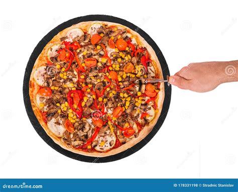 The Chef Cuts The Pizza With A Pizza Cutter Tasty Pizza With Mushrooms
