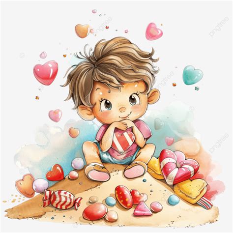 하트와 사탕을 들고 모래 위에 앉아 있는 사랑스러운 만화 캐릭터 만화 캐릭터 주황색 별 Png 일러스트 및 이미지 에 대한 무료 다운로드 Pngtree