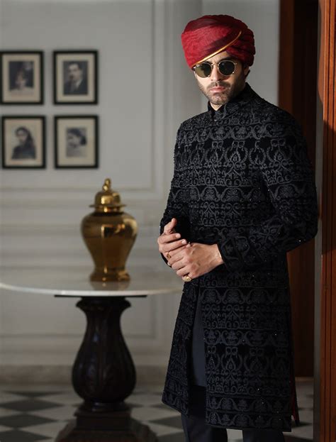Black Velvet Heavy Embroidered Sherwani Ismail Farid Pakistan