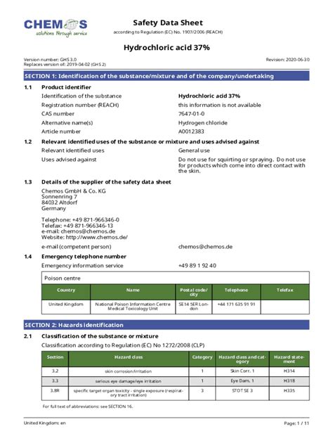Fillable Online Safety Data Sheet Hydrochloric Acid 37 Fax Email