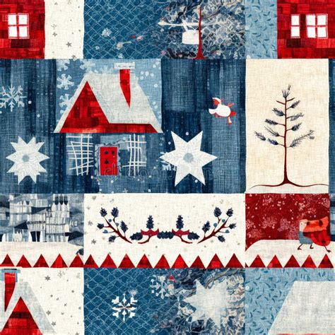 Rustic Country Christmas Cottage With Primitive Hand Sewing Fabric Effect Cozy Nostalgic Shabby