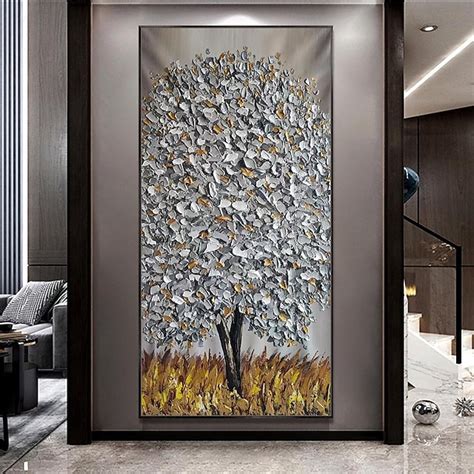 Mintura Handmade Silver Tree Landscape Oil Paintings On Canvas Wall Art