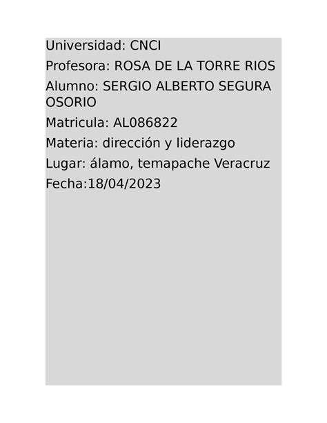 Direcion Y Liderazgo Actividad 2 Universidad Cnci Profesora Rosa