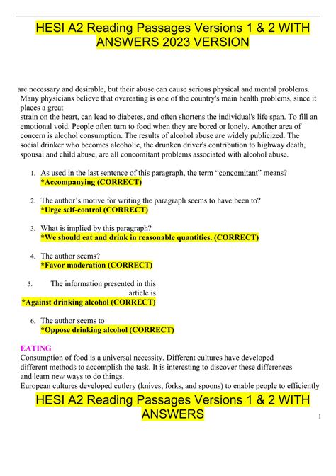 HESI A Reading Passages Versions WITH ANSWERS VERSION APN