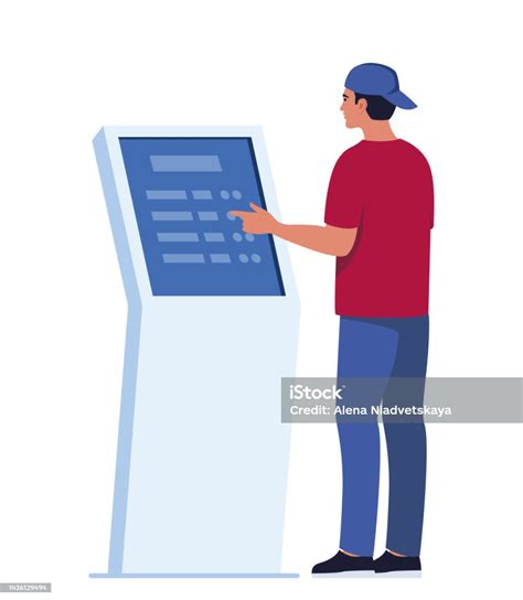 터치 스크린이있는 셀프 서비스 지불 및 정보 전자 단말기를 사용하는 남자 플랫 스타일의 벡터 일러스트레이션입니다 키오스크에 대한 스톡 벡터 아트 및 기타 이미지 Istock