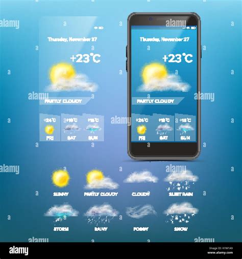 Weather Forecast App Vector Weather Icons Set Blue Background Mobile Weather Application