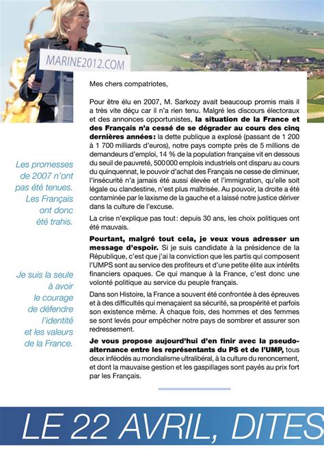 Profession De Foi De Marine Le Pen Au Premier Tour De Lélection