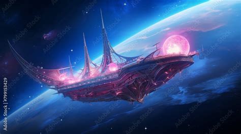 Celestial Ship Sails Through Starry Space Illustration Fantasy Vessel