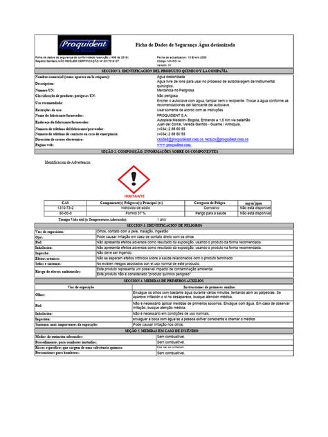 Ficha De Segurança Água Desionizada Pdf