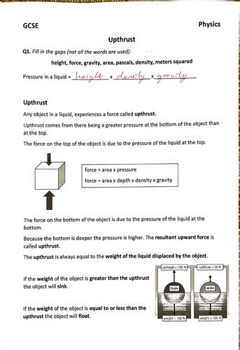 Upthrust Worksheet Gcse Physics Teaching Resources