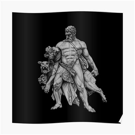 Drawing Of Hercules Capturing Cerberus For Black And Dark Background Poster By IraPanyukova