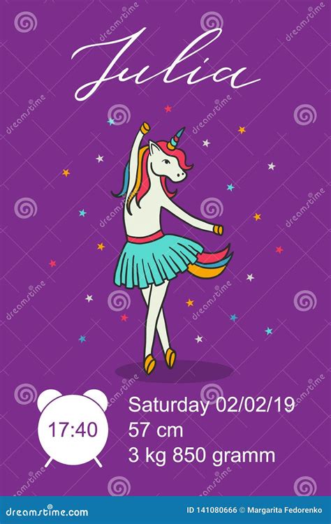 Metric Baby Girl Poster With Flat Cartoon Unicorn Hand Drawn Julia White Name Calligraphy Text