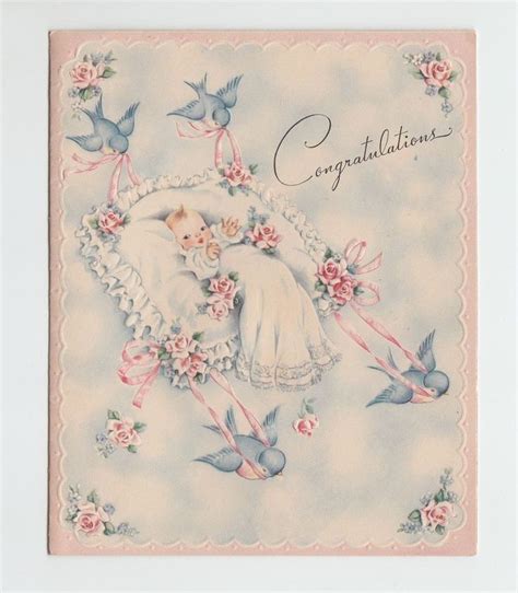 Vintage Embossed Baby On Pillow Blue Birds Flying Congratulations Greeting Card EBay Vintage