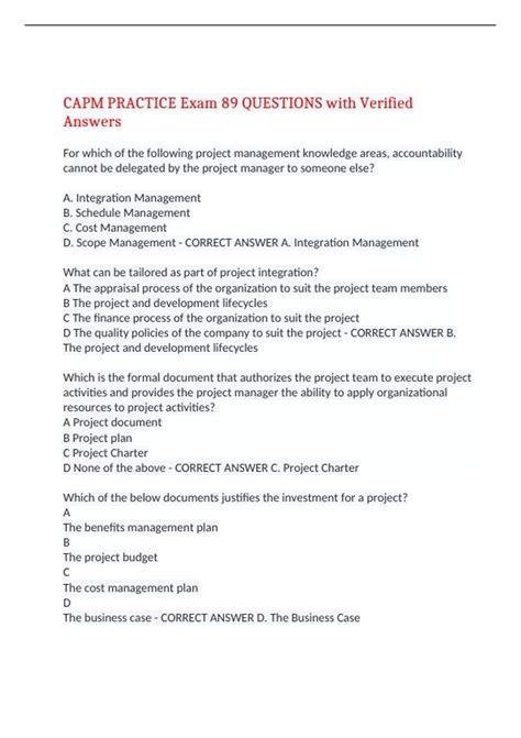 CAPM PRACTICE Exam QUESTIONS With Verified Answers CORRECT CAPM PRACTICE Stuvia US