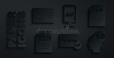 Set Website Template Document With Graph Chart Seo Optimization Advertising And Browser