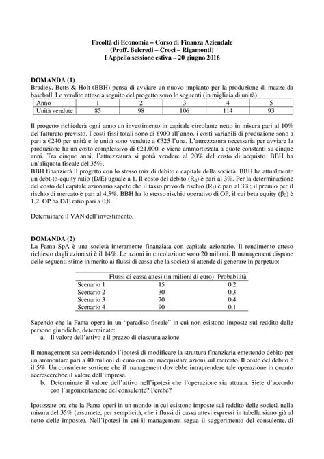 Tema Di Esame Finanza Aziendale Docsity