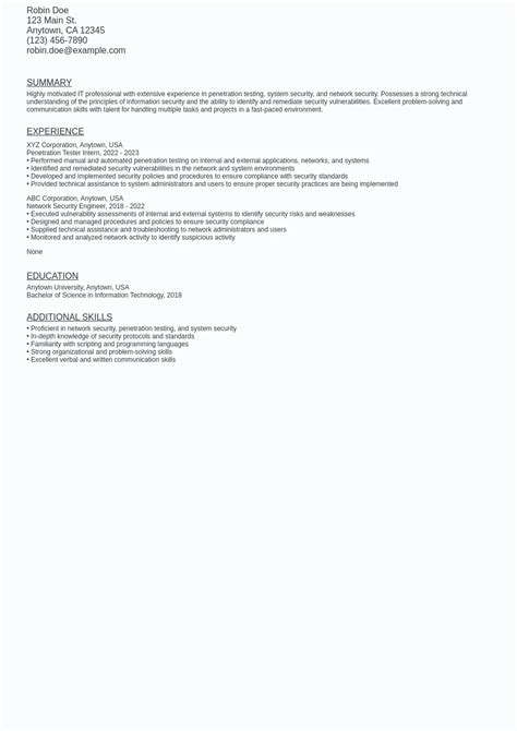 Penetration Tester Internship Resume Sample Template Free Ziprecruiter
