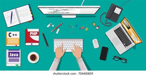 Workplace Programmer Coder Desktop Pc Laptop Stock Vector Royalty Free