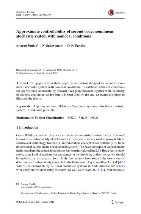 Pdf Approximate Controllability Of Second Order Semilinear Stochastic