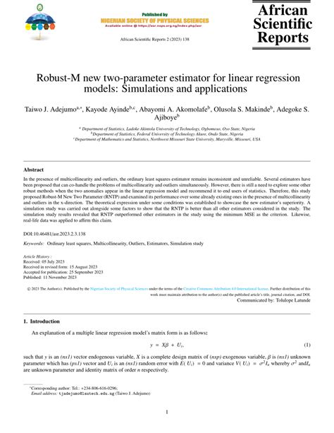 Pdf Robust M New Two Parameter Estimator For Linear Regression Models