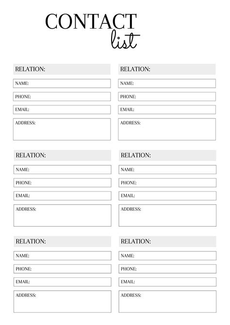 Free Printable Contact List Templates Pdf Included Printables Hub