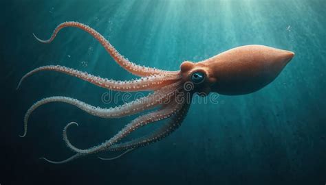 Giant Squid Glides Gracefully In Deep Ocean Long Tentacles Trail