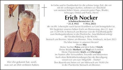 Traueranzeige Von Erich Nocker Vom 19062023 Tiroler Tageszeitung