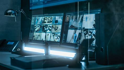 컴퓨터 모니터의 얼굴 인식 기능이 있는 보안 카메라의 감시 영상 0명에 대한 스톡 사진 및 기타 이미지 0명 감시 개념