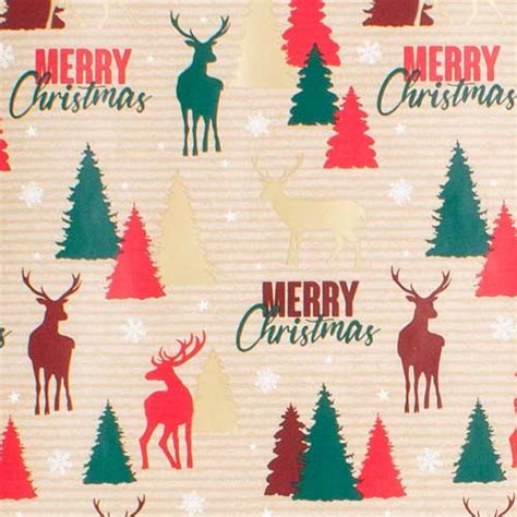 Reindeer Merry Christmas Traditional Kraft Gift Wrapping Paper Roll 4m
