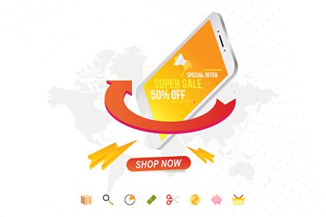 슈퍼 세일 50 제공과 스마트 폰에서 온라인 쇼핑 세계지도에 배경에 전화 플랫 벡터 일러스트 레이션 Eps10 개념에 대한 스톡 벡터 아트 및 기타 이미지 Istock